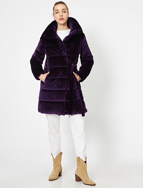 Koton Kadın Yüksek Yaka Cep Detaylı Beli Bağlamalı Uzun Şişme Mont