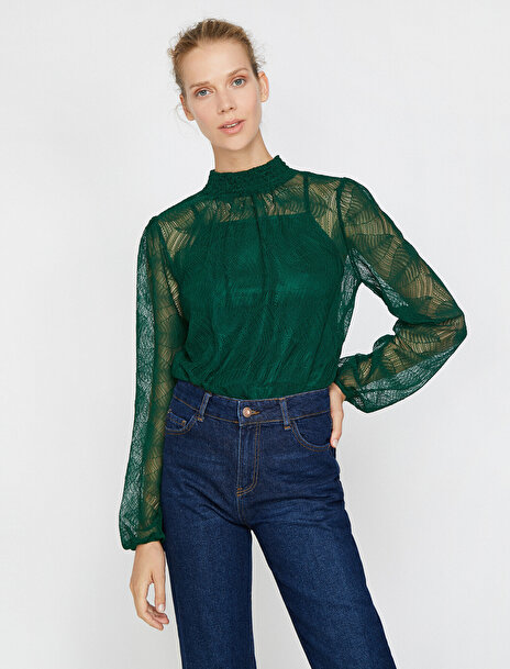 Koton Kadın Dantelli Dik Yaka Uzun Kollu Bluz