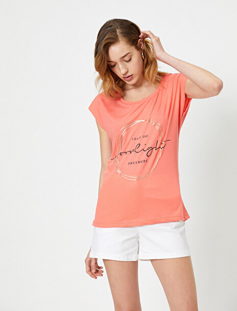 Koton Kadın Bisiklet Yaka Kısa Kollu Yazılı Baskılı Tişört