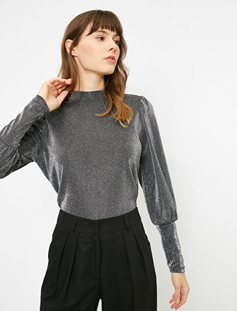Koton Kadın Parlak Sim Kumaşlı Uzun Kollu Tişört