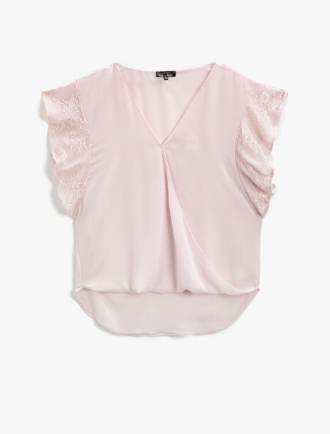 Koton Kadın Dantelli Bluz V Yaka Kısa Kollu