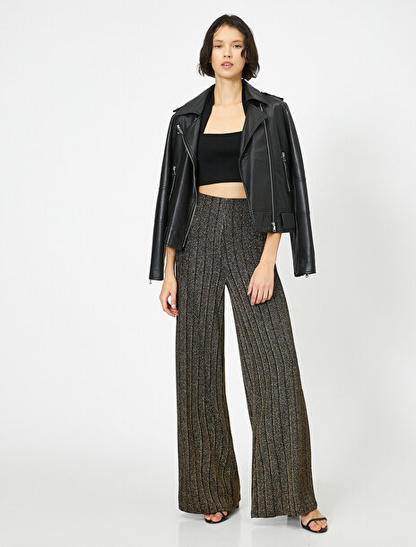 Koton Kadın Simli Çizgili Bel Lastikli Geniş Paça Pantolon