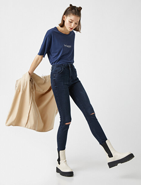 Koton Ole Genç Kız Yüksek Bel Dar Kesim Dar Paça Yırtık Kot Pantolon - Carmen Jean