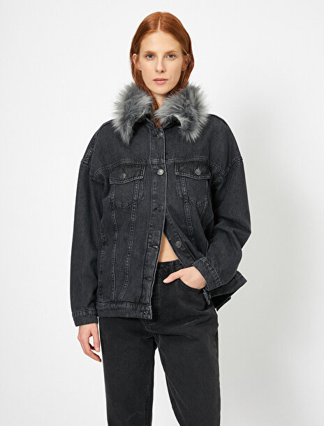 Koton Kadın Yakası Kürklü Jean Ceket