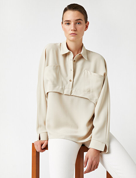 Koton Kadın Düğmeli Uzun Kollu Gömlek Yaka Cep Detaylı Bluz