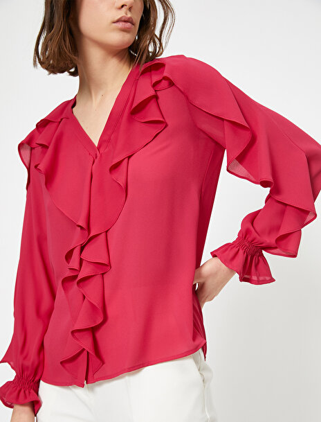 Koton Kadın Volan Detaylı V Yaka Bluz Koton Kadın Volan Detaylı V Yaka Bluz