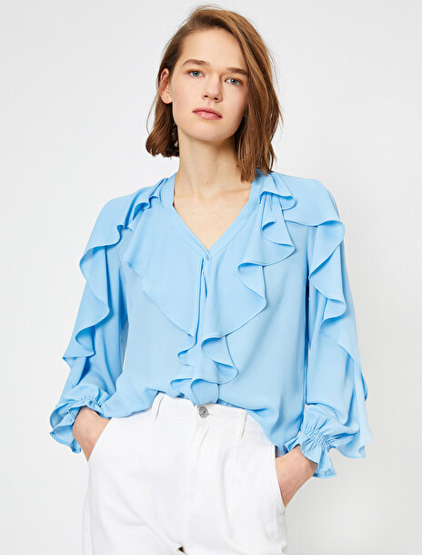 Koton Kadın Volan Detaylı V Yaka Bluz Koton Kadın Volan Detaylı V Yaka Bluz