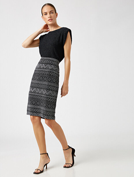 Koton Kadın Yüksek Bel Desenli Midi Etek