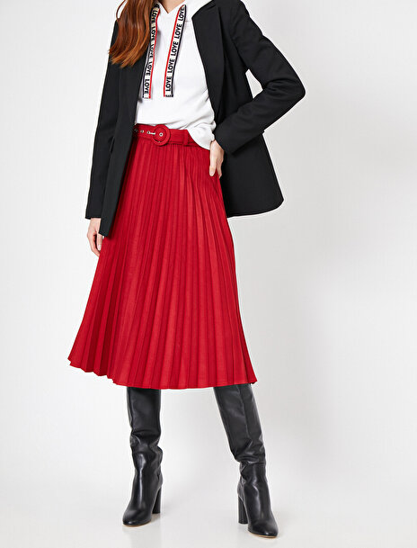 Koton Kadın Kemerli Pileli Midi Etek