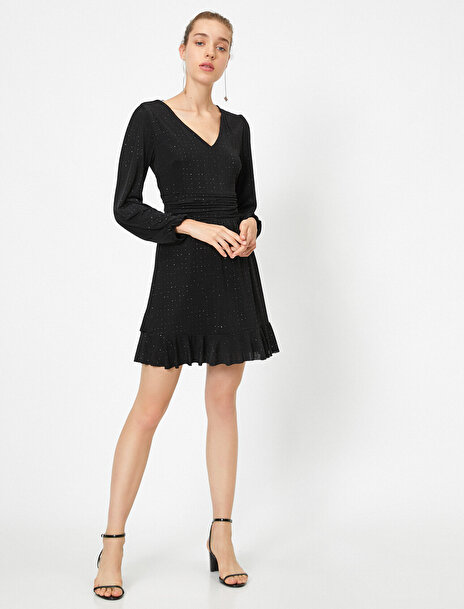 Koton Kadın Puantiyeli  Elbise Abiye V Yaka  Uzun Kollu Mini