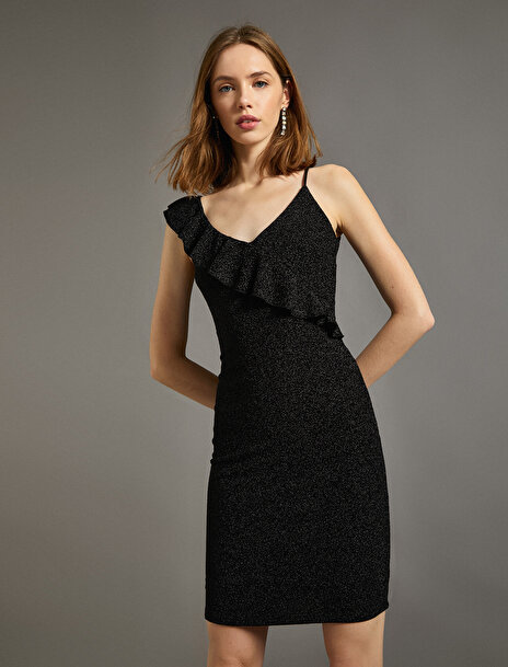 Koton Kadın Simli Elbise Abiye Kolsuz Fırfırlı Mini