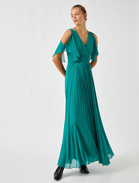 Koton Kadın Şifon Elbise Abiye Volanlı V Yaka Sırt Detaylı Uzun