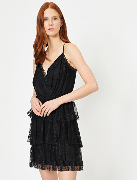 Koton Kadın Tül Dantel Detaylı Elbise Abiye Fırfırlı Kruvaze Askılı Mini Koton Kadın Tül Dantel Detaylı Elbise Abiye Fırfırlı Kruvaze Askılı Mini