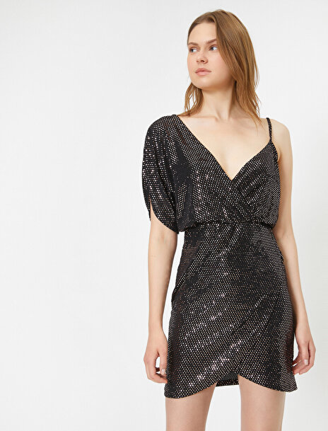 Koton Kadın V Yaka Elbise Abiye Tek Omuz Askılı Pul Detaylı Mini