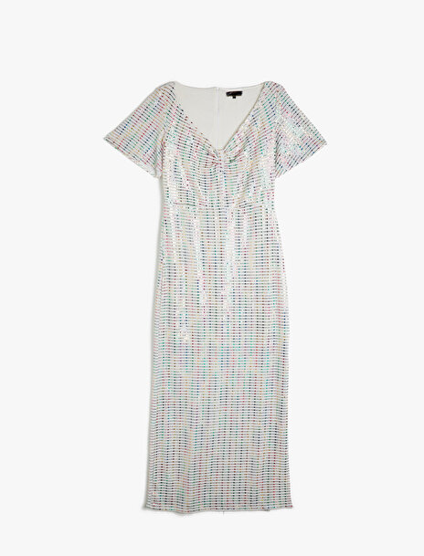 Koton Kadın Payetli Elbise Abiye V Yaka Kısa Kollu Uzun