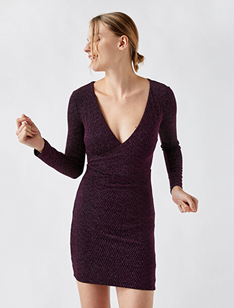 Koton Kadın Simli Elbise Abiye V Yaka Uzun Kollu Mini Koton Kadın Simli Elbise Abiye V Yaka Uzun Kollu Mini