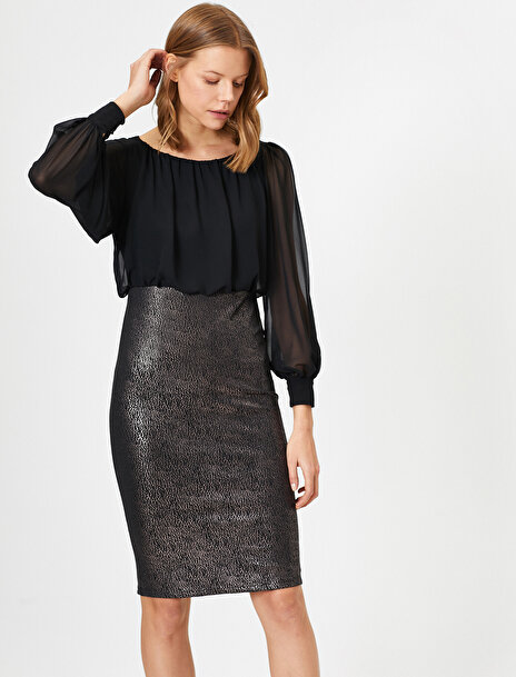 Koton Kadın Metalik Drapeli Dökümlü Şifon Uzun Kollu Midi Boy Elbise Abiye Koton Kadın Metalik Drapeli Dökümlü Şifon Uzun Kollu Midi Boy Elbise Abiye