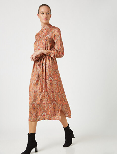 Koton Kadın Mandarin Yaka Uzun Kollu Şal Desenli Elbise