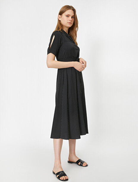 Koton Kadın V Yaka Kısa Kollu Maxi Puantiyeli Elbise