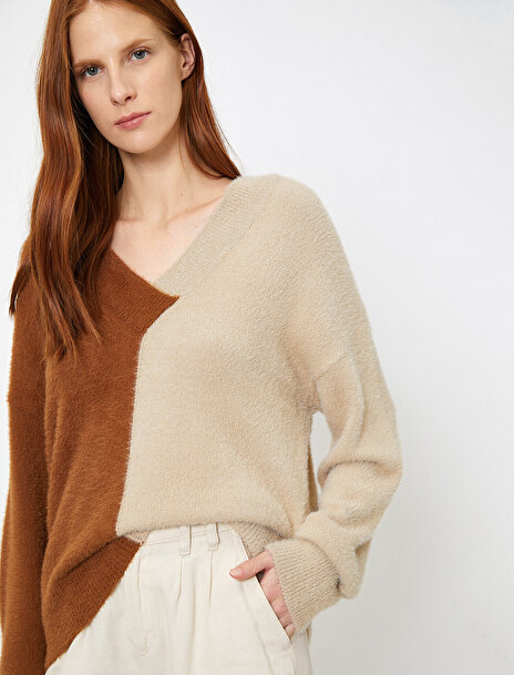 Koton Kadın Renk Bloklu Triko Kazak