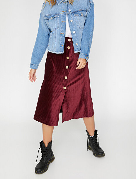 Koton Ole Genç Kız Düğme Detaylı Kadife Midi Etek