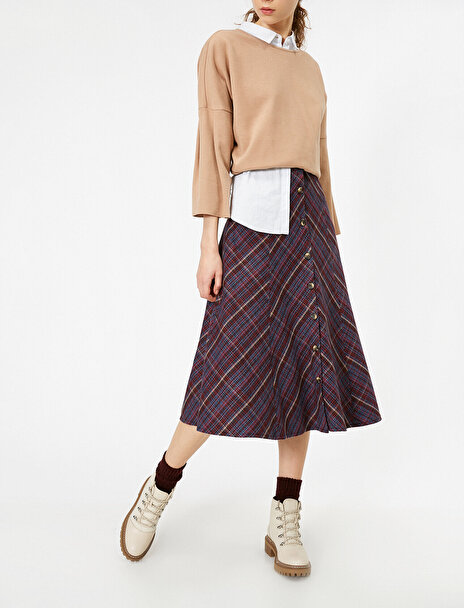 Koton Kadın Ekoseli Önü Düğmeli Etek