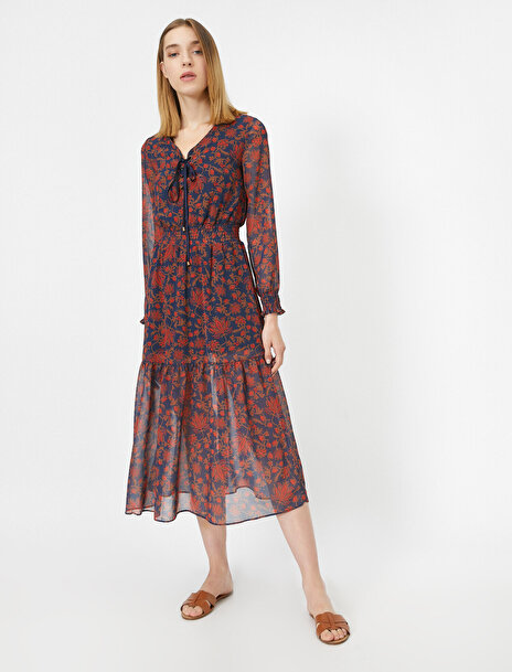 Koton Kadın V Yaka Uzun Kollu Fırfır Detaylı Desenli Midi Elbise