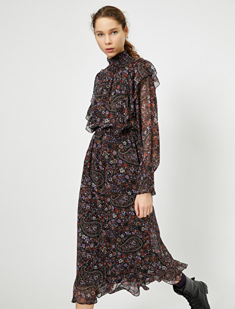 Koton Kadın Fırfır Detaylı Şal Desenli Şifon Midi Elbise