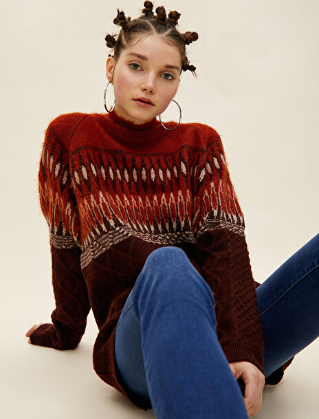 Koton Ole Genç Kız Yüksek Yaka Desenli Uzun Kollu Triko Kazak