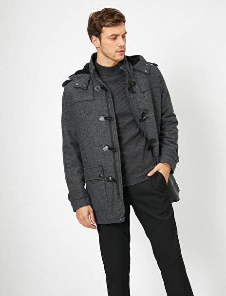 Koton Erkek Düğmeli Kapüşonlu Uzun Kollu Kaban