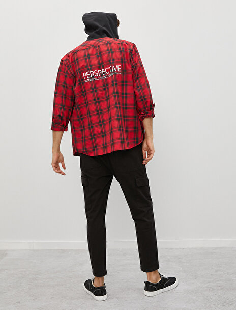 Koton Erkek Slogan Baskılı Ekose Klasik Yaka Uzun Kollu Gömlek