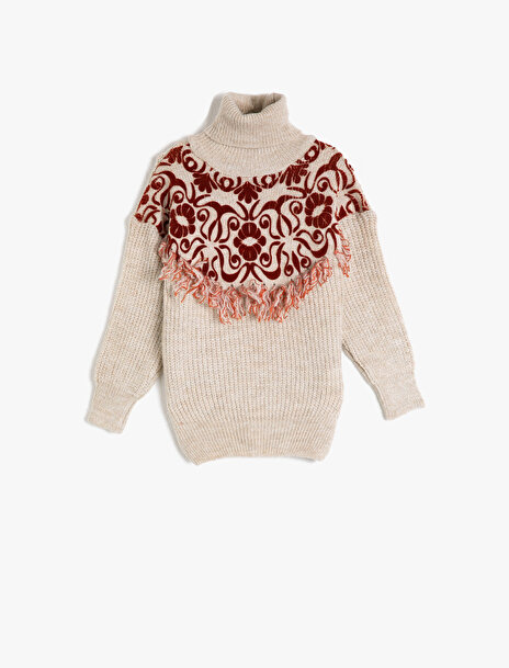 Koton Kız Çocuk Balıkçı Yaka Uzun Kollu Püsküllü Triko Kazak