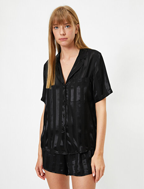 Koton Kadın Gömlek Yaka Kısa Kollu Çizgili Pijama Üstü