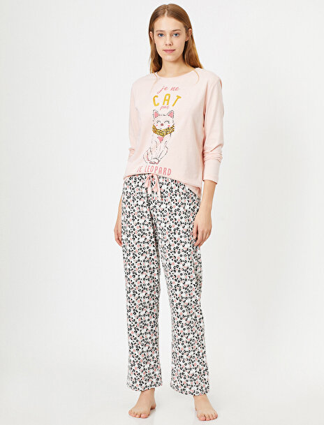 Koton Kadın Kedi Baskılı Pamuklu Pijama Takımı
