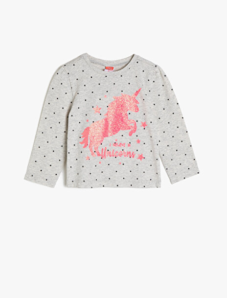Koton Kız Çocuk Unicorn Baskılı Uzun Kollu T-Shirt