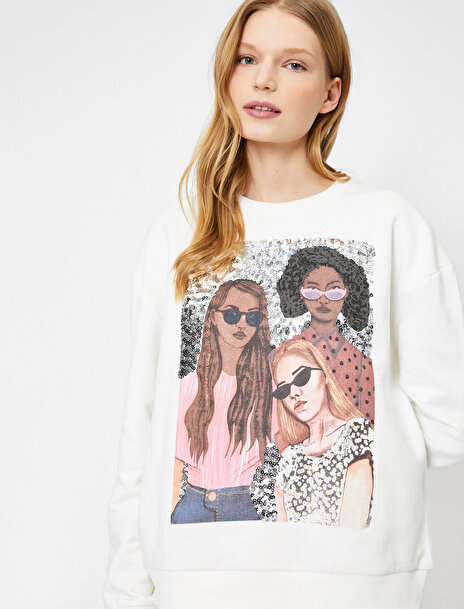 Koton Kadın Bisiklet Yaka Karikatür Baskılı Pul İşlemeli Uzun Kollu Sweatshirt Koton Kadın Bisiklet Yaka Karikatür Baskılı Pul İşlemeli Uzun Kollu Sweatshirt