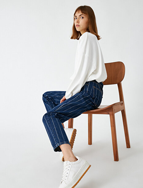 Koton Kadın %100 Pamuk Yüksek Bel Çizgili Jean