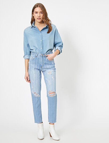 Koton Kadın Çizgili Yıpratmalı Yüksek Bel Mom Jean Pantolon Koton Kadın Çizgili Yıpratmalı Yüksek Bel Mom Jean Pantolon