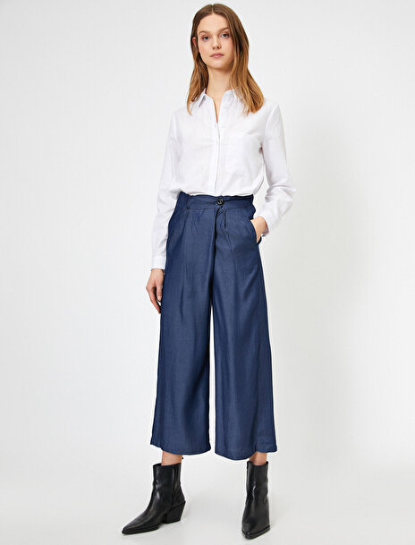 Koton Kadın Düğmeli Bol Paça Kısa Jean Pantolon