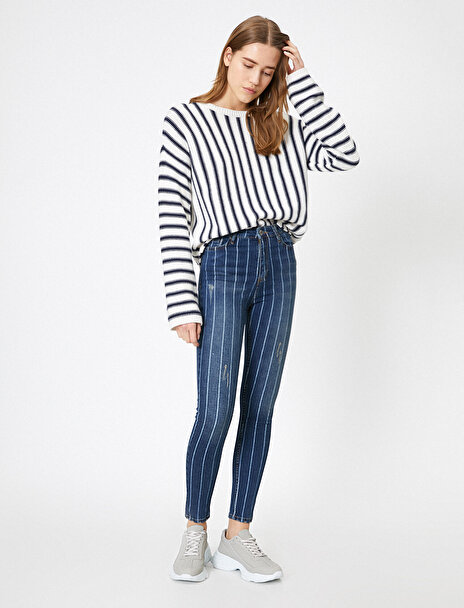 Koton Kadın Çizgili Yıpratmalı Jean Pantolon Koton Kadın Çizgili Yıpratmalı Jean Pantolon