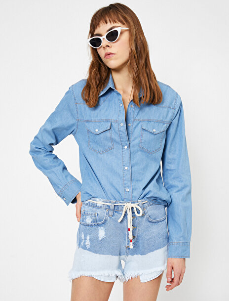 Koton Kadın İp Kemerli Bloklu Jean Şort