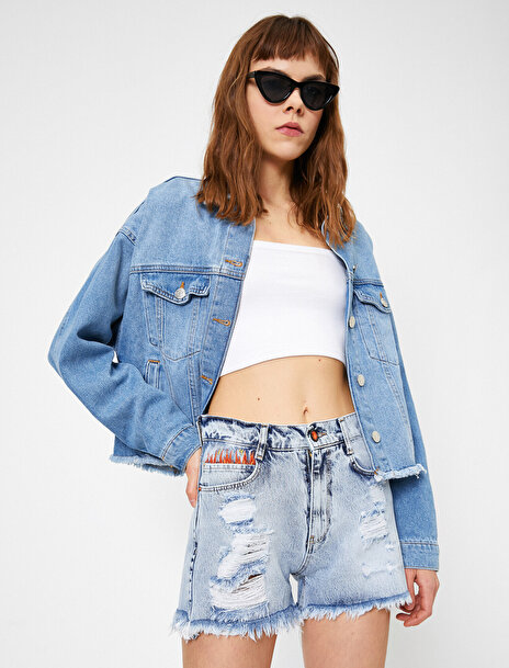 Koton Kadın Yüksek Bel Yırtık Cep İşleme Detaylı Jean Şort