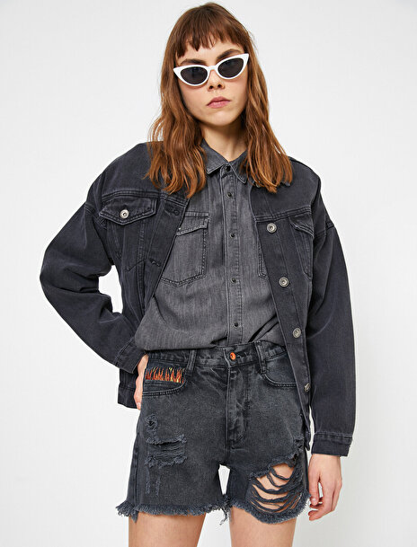 Koton Kadın Yüksek Bel Yırtık Cep İşleme Detaylı Jean Şort