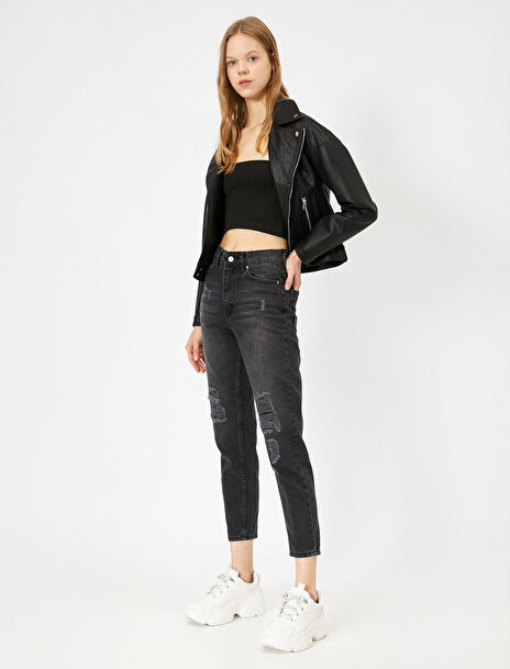 Koton Kadın Yüksek Bel Yırtık Detaylı Mom Jean Pantolon