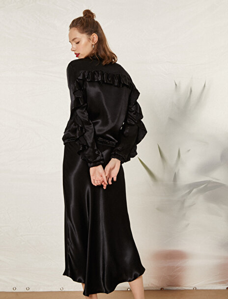 Koton Kadın Parlak Saten Kumaş Fırfırlı Uzun Kollu Ceket