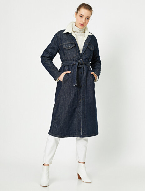 Koton Kadın Kürklü Yaka Kemerli Oversize Uzun Kot Ceket