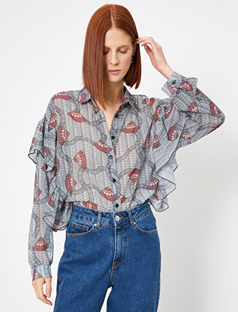 Koton Kadın Fırfır Detaylı Geometrik Desen Uzun Kollu Gömlek