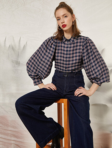 Koton Kadın Ekoseli Balon Uzun Kol Gömlek