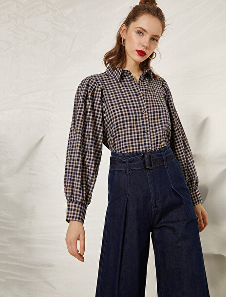 Koton Kadın Ekoseli Omuz Pili Detaylı Uzun Kollu Gömlek