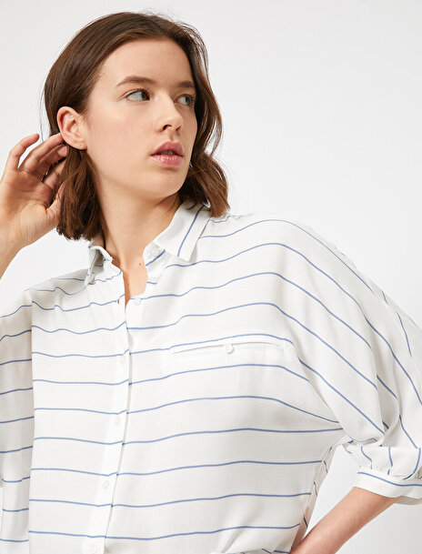 Koton Kadın Çizgi Baskılı Cep Detaylı Oversize Uzun Kollu Gömlek